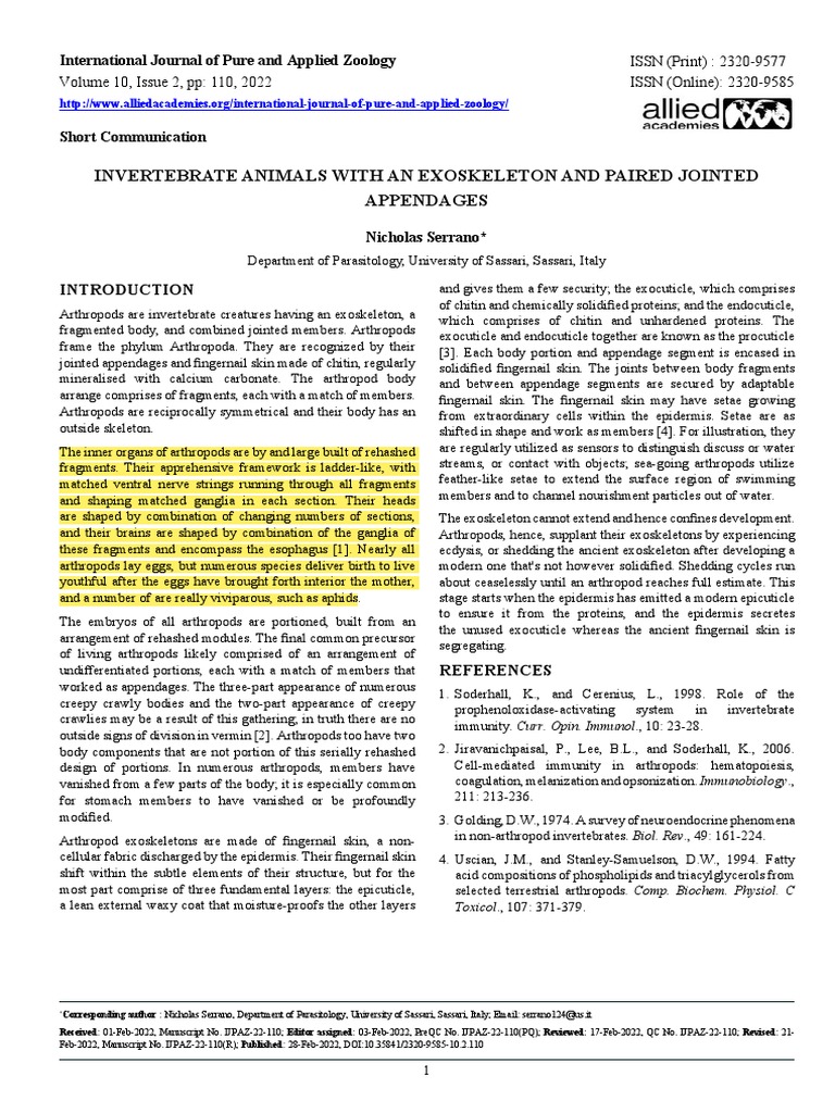 Invertebrate Animals With An Exoskeleton and Paired Jointed Appendages ...