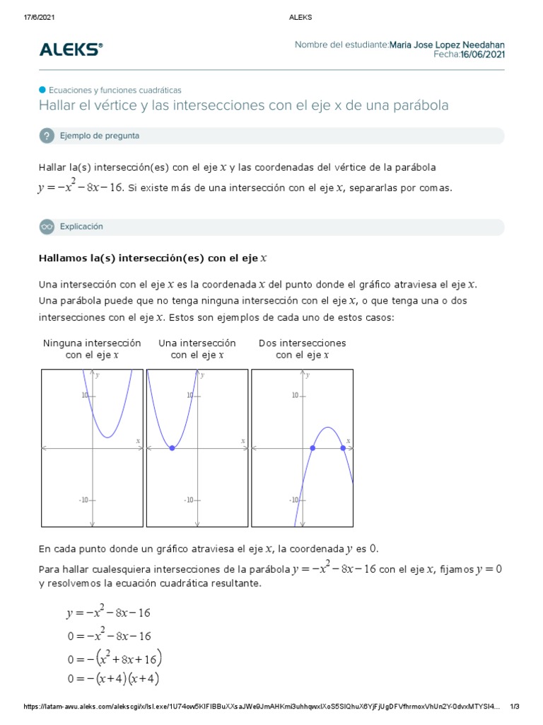 Hallar El Vértice y Las Intersecciones Con El Eje X de Una Parábola. | PDF | Ecuación cuadrática ...
