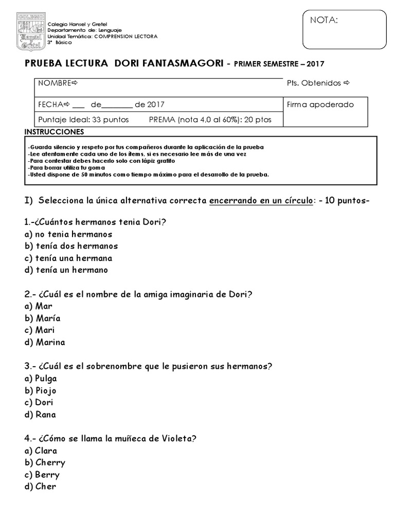 Prueba de Comprensión: Dori Fantasmagori | PDF | Artes del Lenguaje y ...