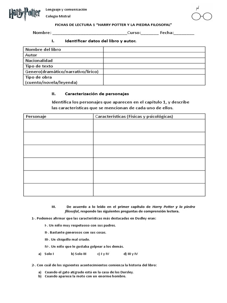 Fichas de lectura: Harry Potter I | PDF | Harry Potter