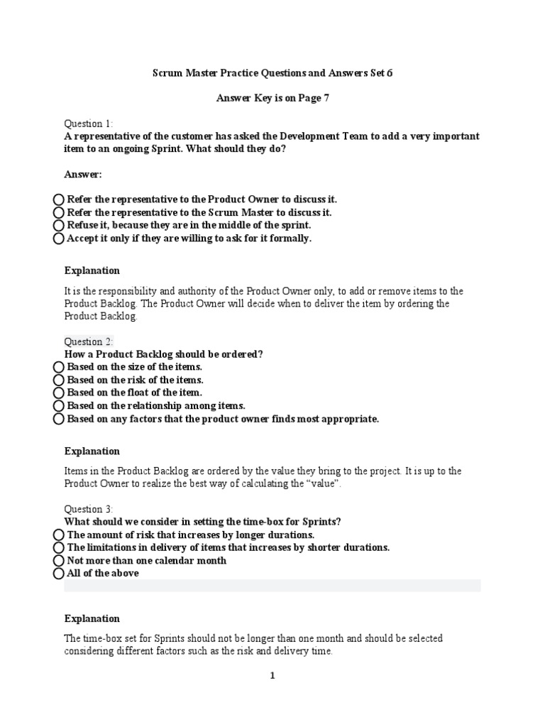 Scrum Master Question and Answers Set 6 With Answer Key at The Bottom | PDF | Scrum (Software ...