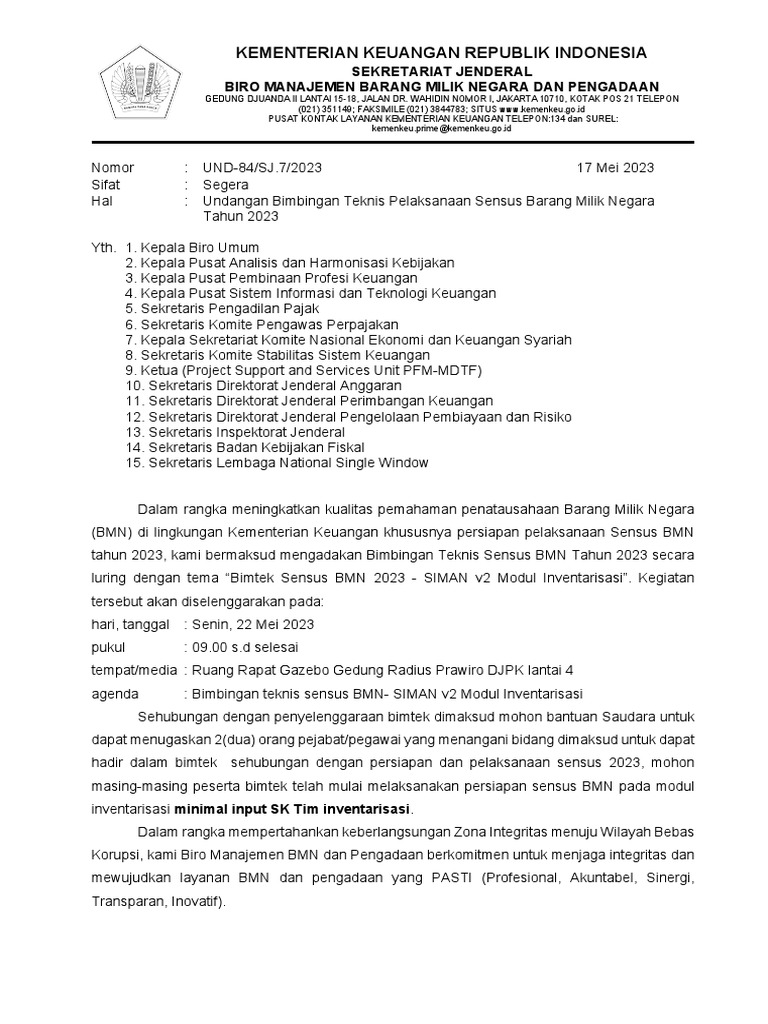 Undangan Bimbingan Teknis Pelaksanaan Sensus Barang Milik Negara Tahun 2023 | PDF