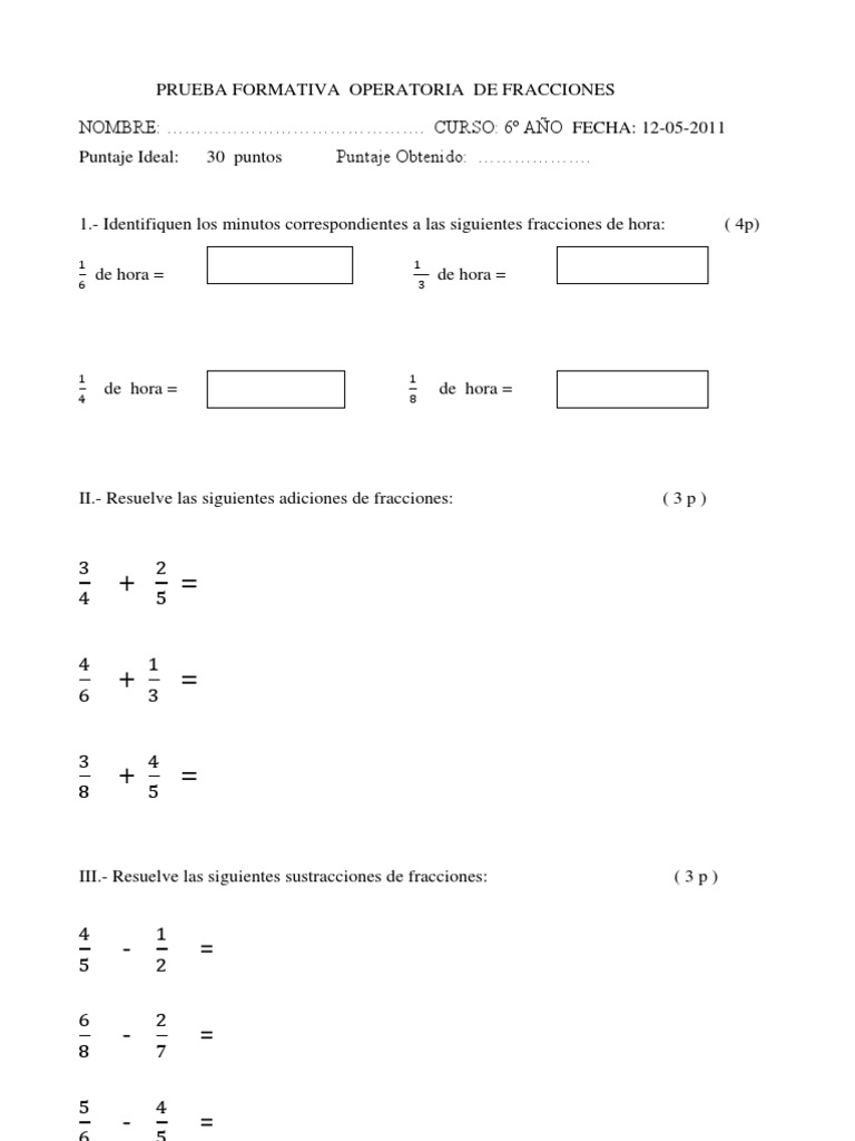 Prueba de Operatoria con Fracciones 6° Básico | PDF | Métodos y ...