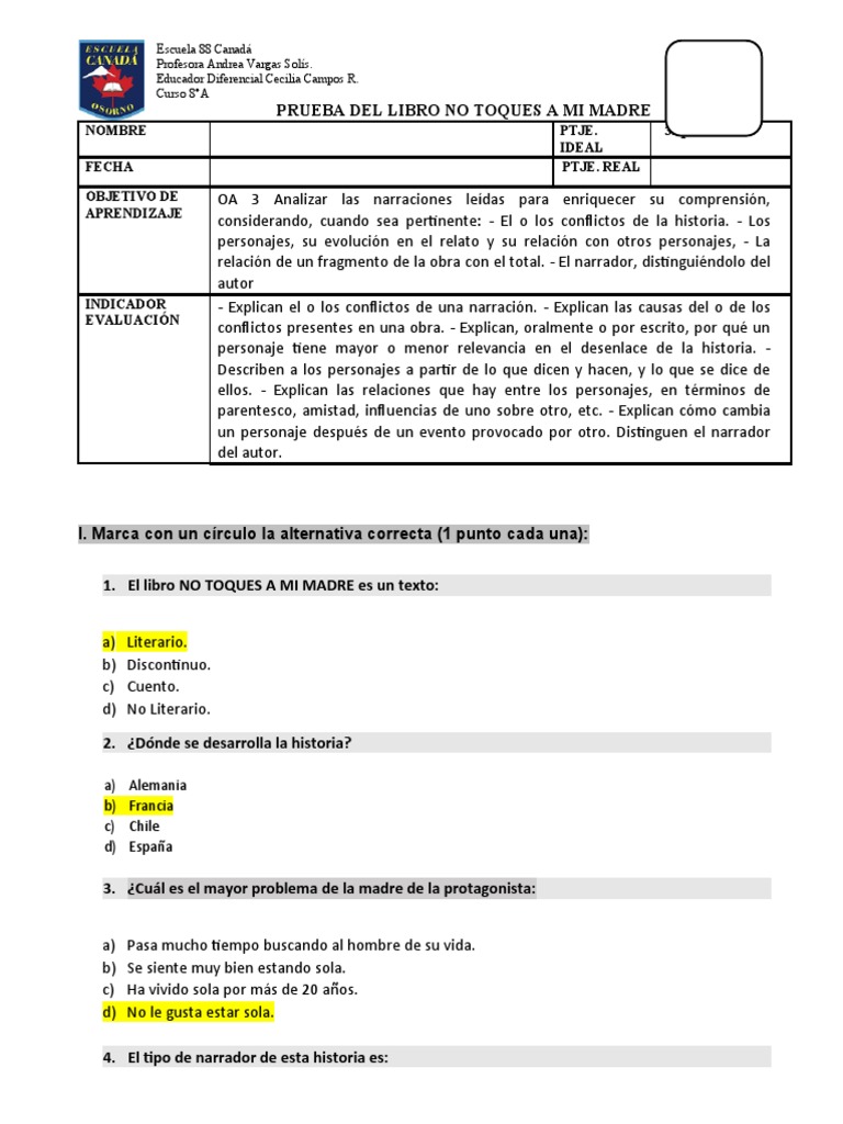 Prueba Libro No Toques A Mi Madre Con Respuestas | PDF | Narración
