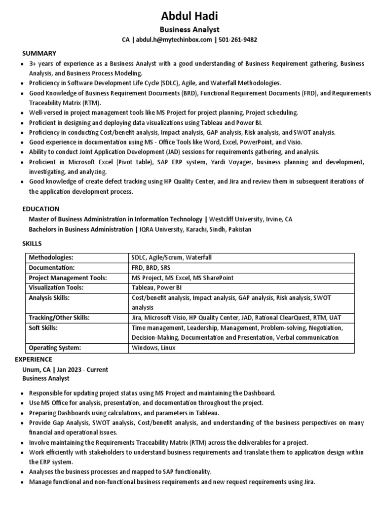Abdul Hadi-Business Analyst-Final Updated Resume | PDF | Software Development Process ...