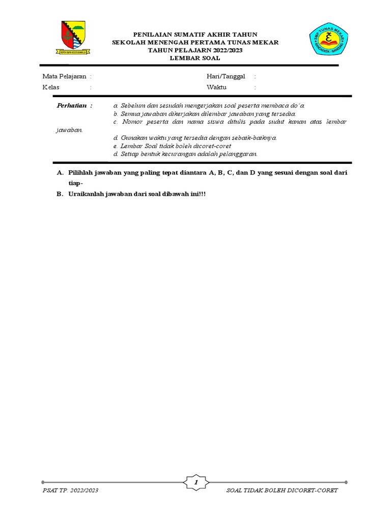 Format Lembar Soal Psat | PDF