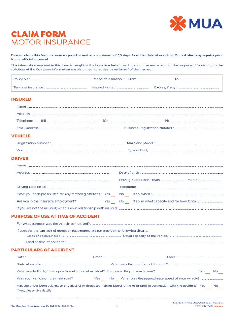 Mua Motor Vehicle Editable Claim Form April 2020 | PDF | Insurance ...