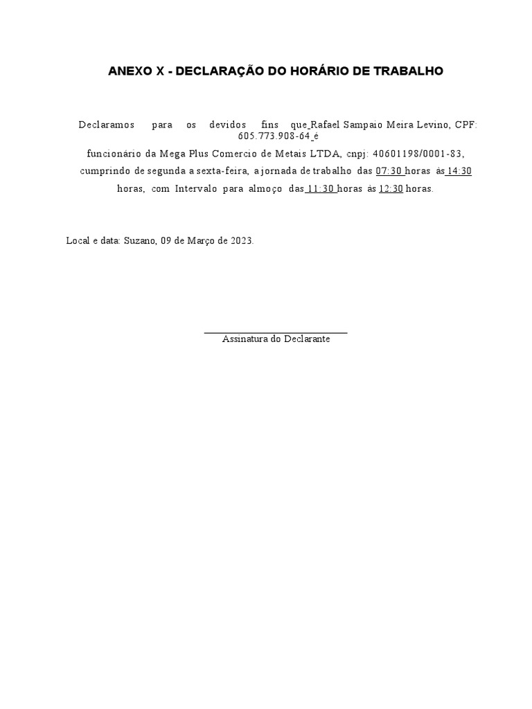 Declaração de Horário de Trabalho | PDF