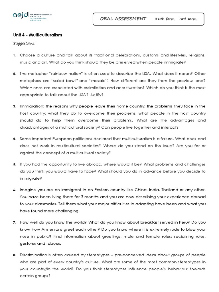 Oral Assessment Unit4 | Download Free PDF | Multiculturalism | Stereotypes