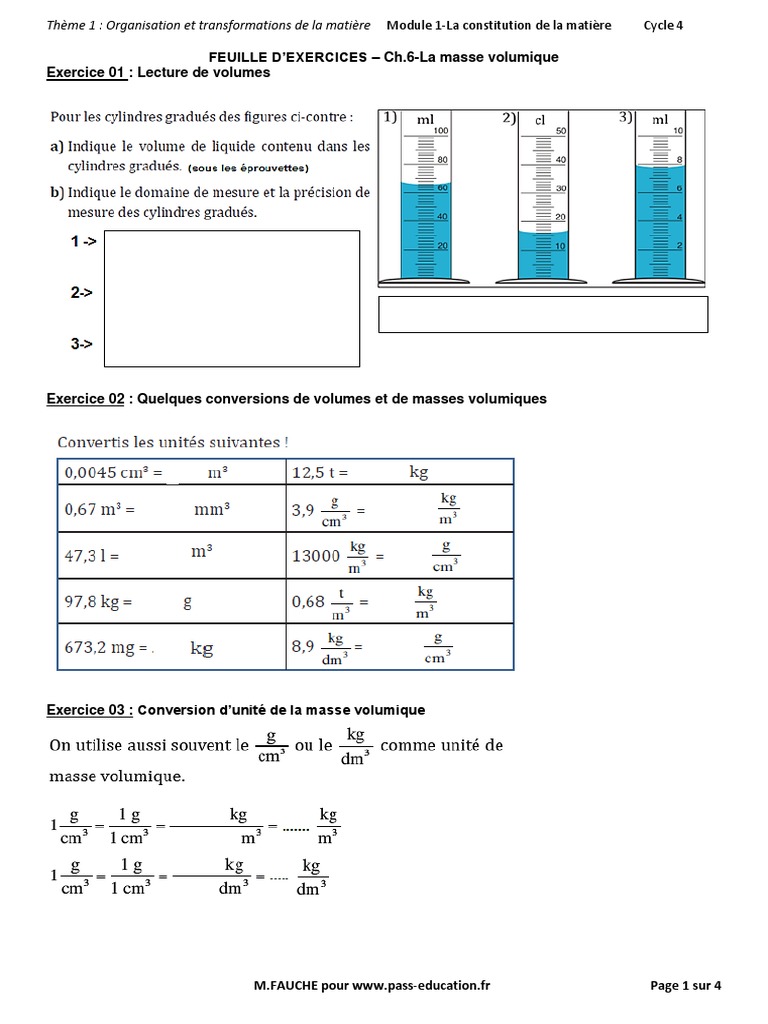 Exercices sur la masse volumique 6ème | PDF | Quantité | Masse