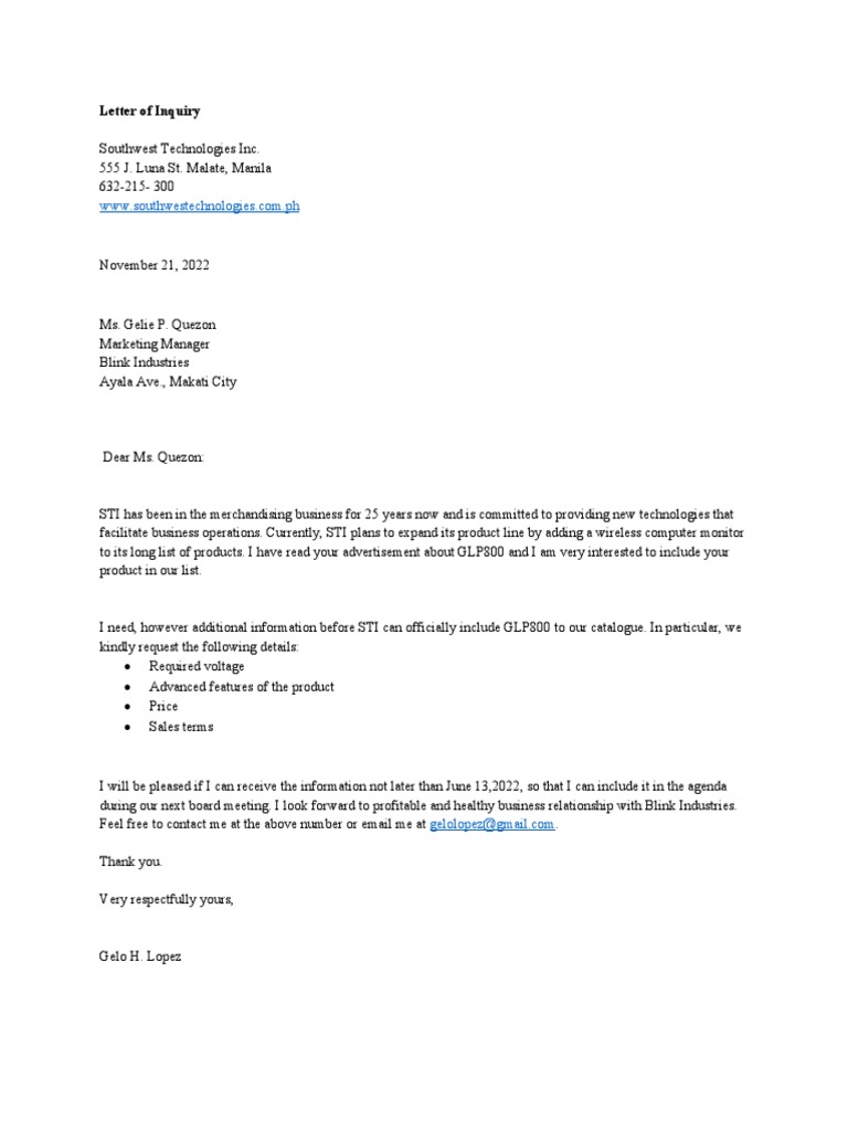 Letter of Inquiry Sample | PDF