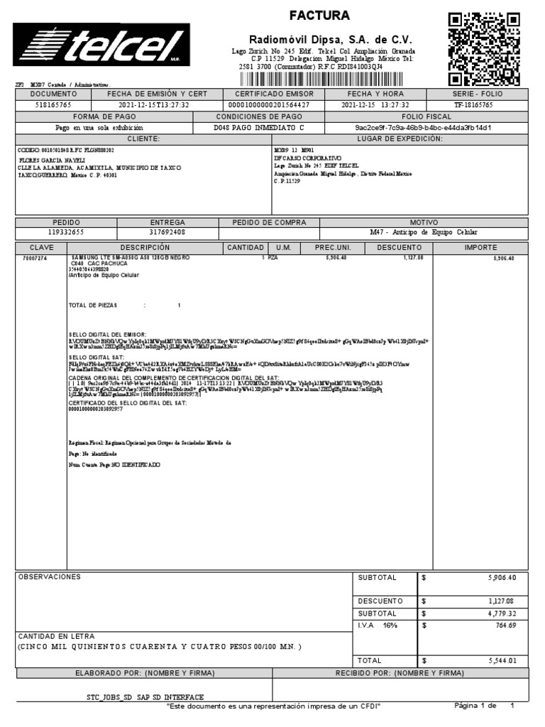 Factura Telcel: RFC y Detalles | PDF | Tecnología bancaria