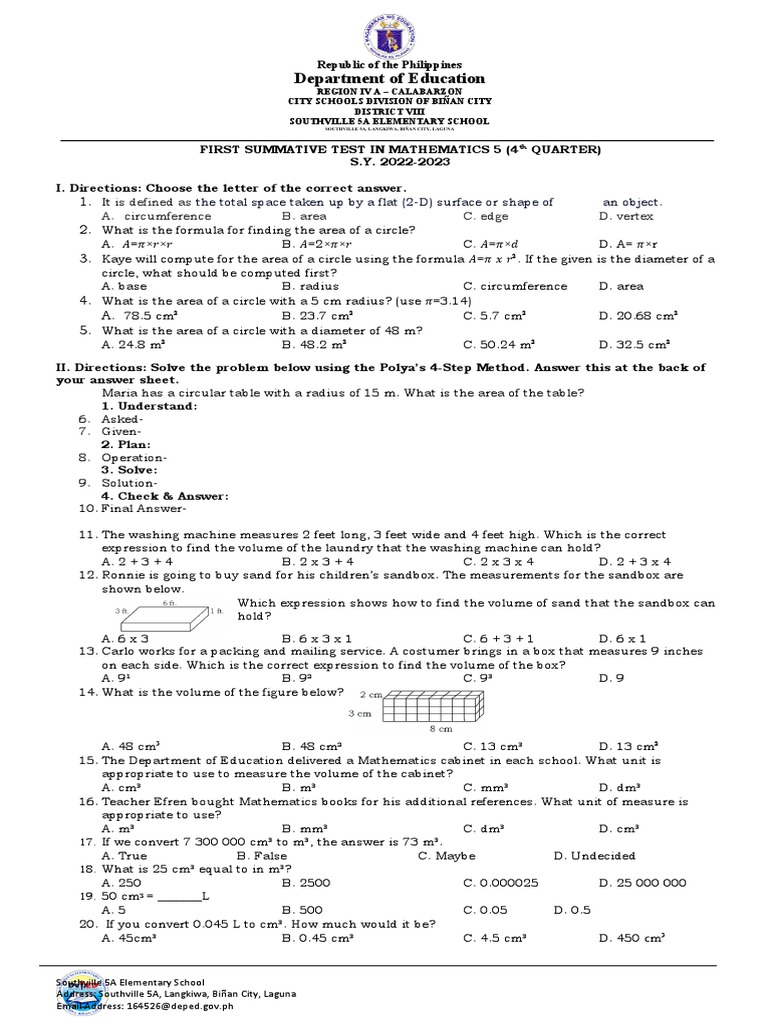 First Summative Test in Math 5 - 4th Quarter | PDF | Area | Elementary ...
