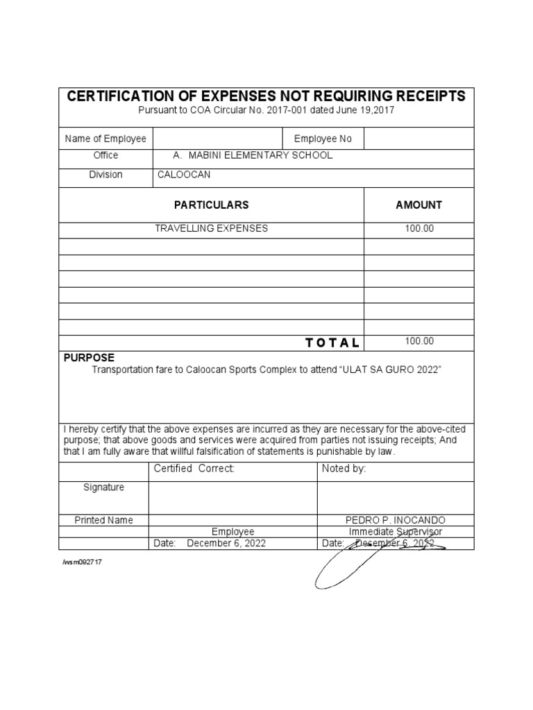 Certification of Expenses Not Requiring Receipts | PDF Certification of Expenses Not Requiring Receipts | PDF
