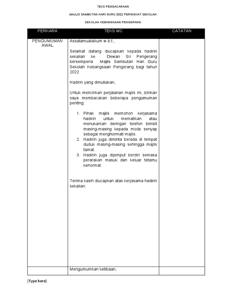 Teks Pengacaraan Majlis Sambutan Hari Guru 2022 | PDF