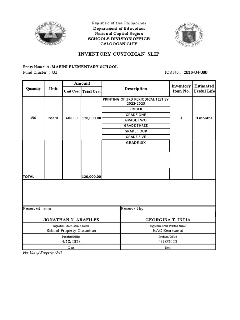 Inventory Custodian Slip for DepEd | PDF | Laptop | Magenta