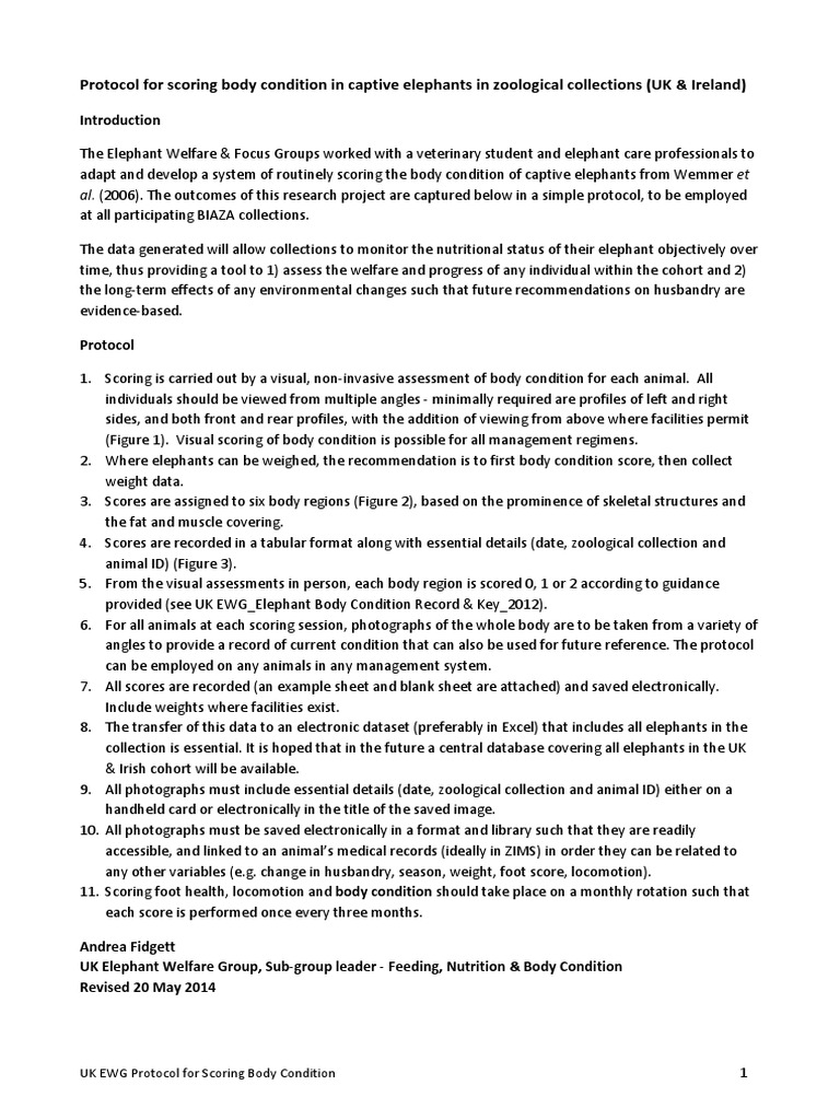 Protocol For Scoring Body Condition in Captive Elephants | PDF | Elephant