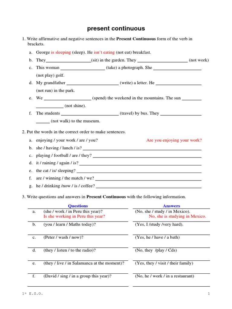 Present Continuous Exercises | PDF