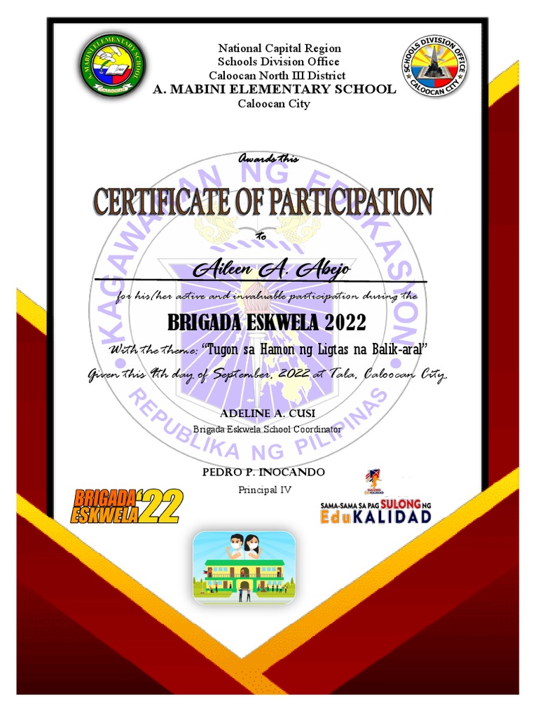 Brigada Eskwela Cert 2022 | PDF