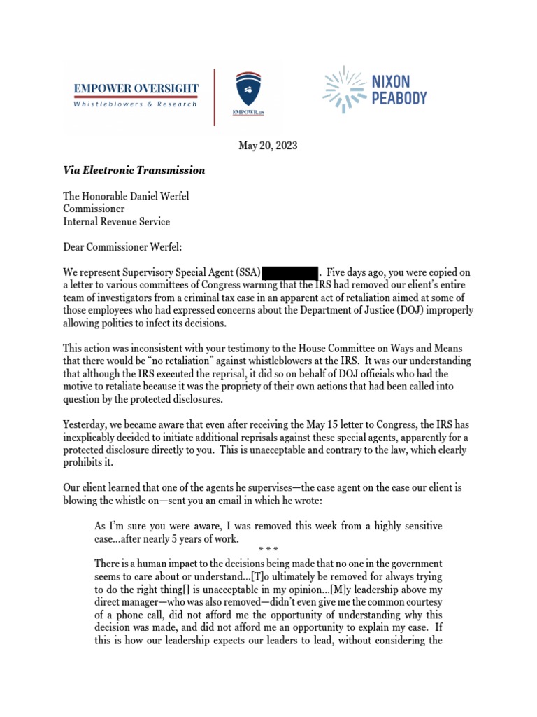 Letter From Empower Oversight and Nixon Peabody To IRS | PDF