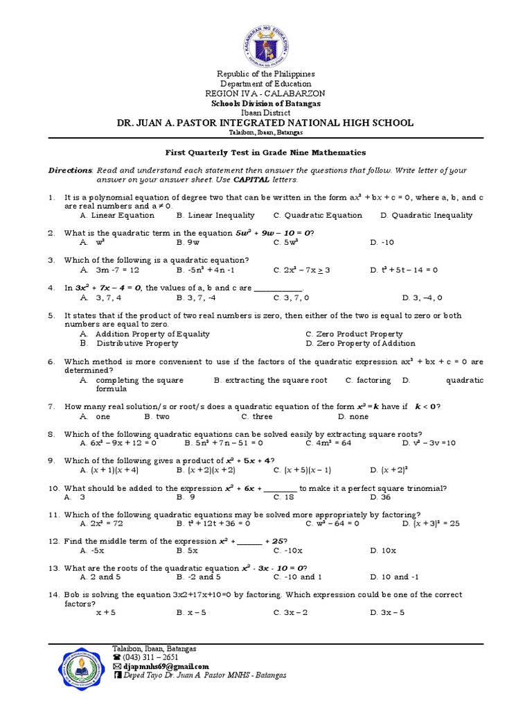 Grade 9 Math Quarterly Test: Quadratics | PDF | Quadratic Equation ...