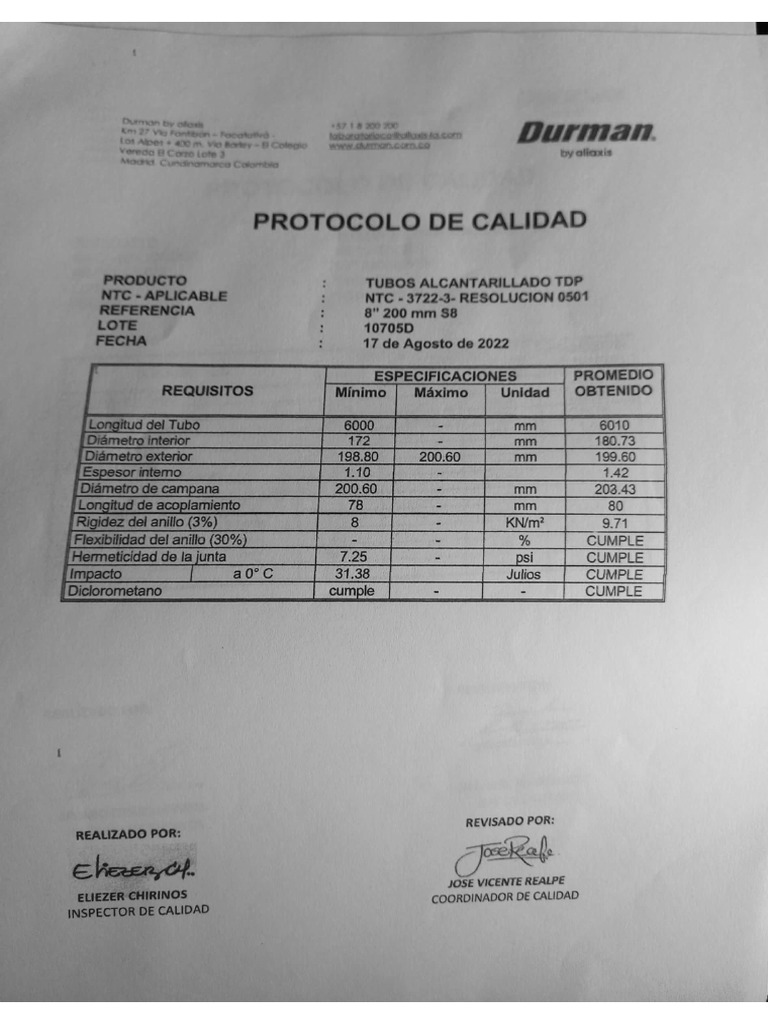 Certificados Tubería Durman-8 | PDF
