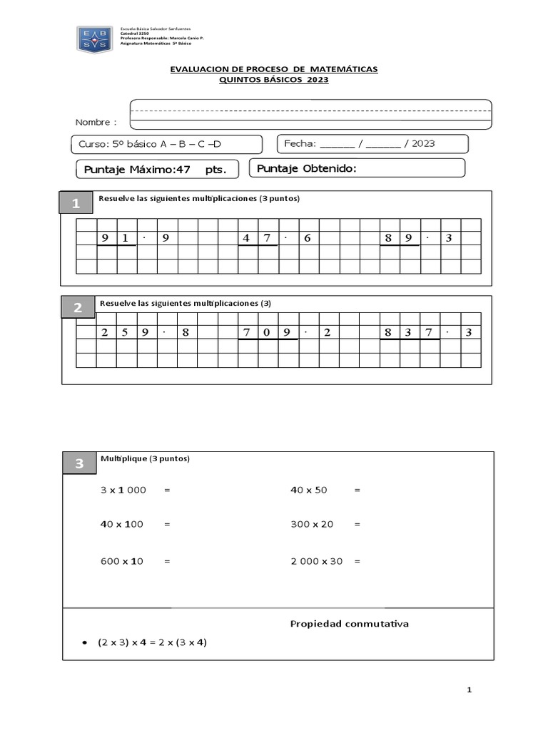Prueba 5º Básico Multiplicacion | PDF | Matemáticas | Notación Matemática