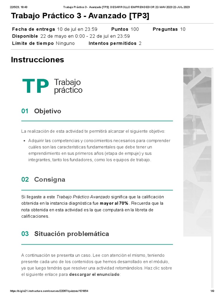 Trabajo Práctico 3 - Avanzado (TP3) - 100% DESARROLLO EMPRENDEDOR 22-MAY-2023 22-JUL-2023 | PDF ...