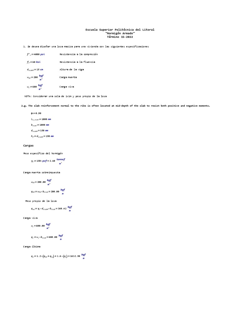 Solucion Ejercicio 1 Diseño de Losa Maciza | PDF | Pressure | Units Of Measurement