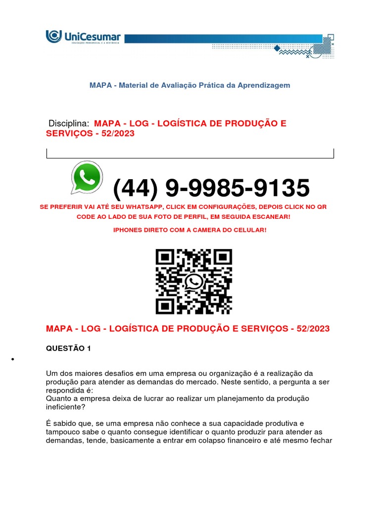 Disciplina:: Mapa - Log - Logística de Produção E | PDF | Planejamento ...