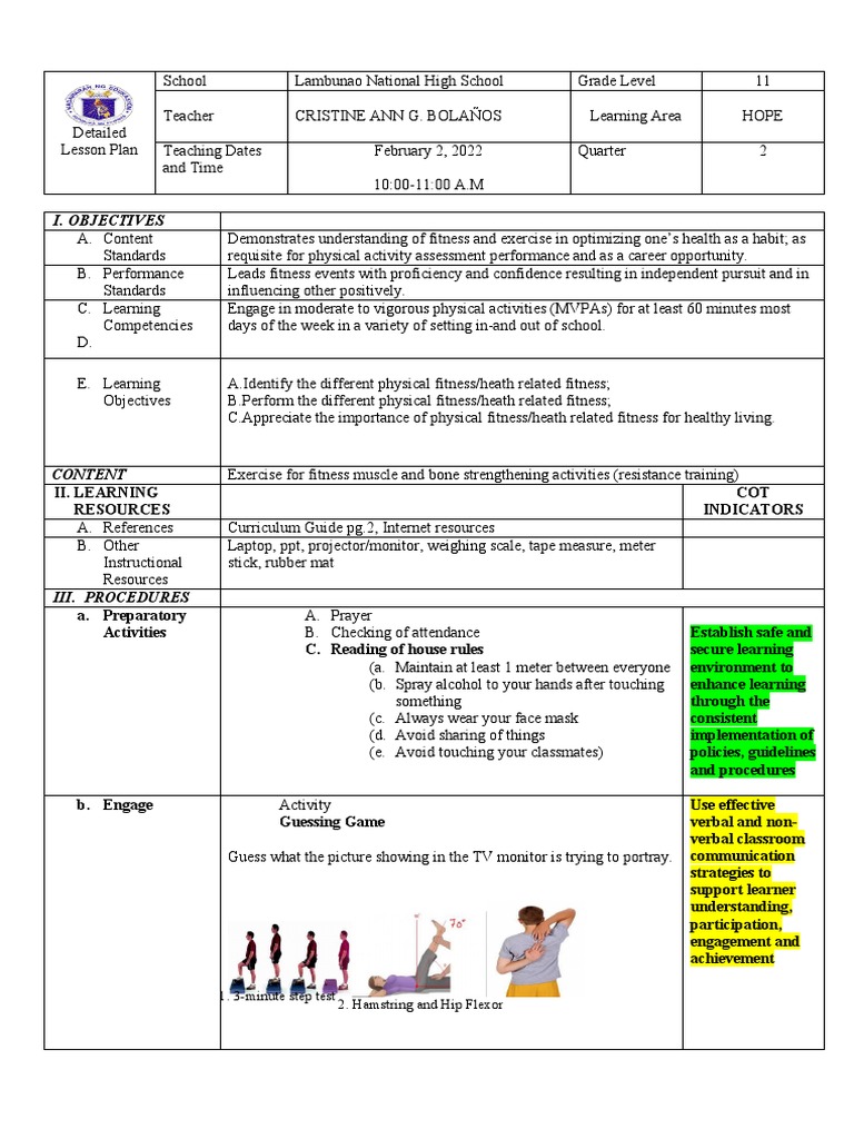 Grade 11 PE Lesson Plan: Fitness Activities | PDF | Physical Fitness ...