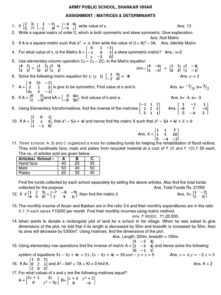 Assignment - Matrics - Math 23-24 | PDF | Matrix (Mathematics) | Applied Mathematics
