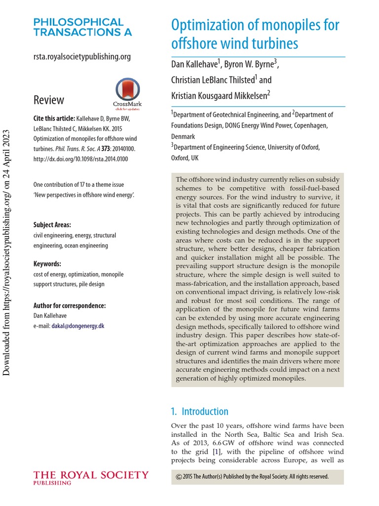 (2015) Optimization of Monopiles For Offshore Wind Turbines | Download Free PDF | Deep ...