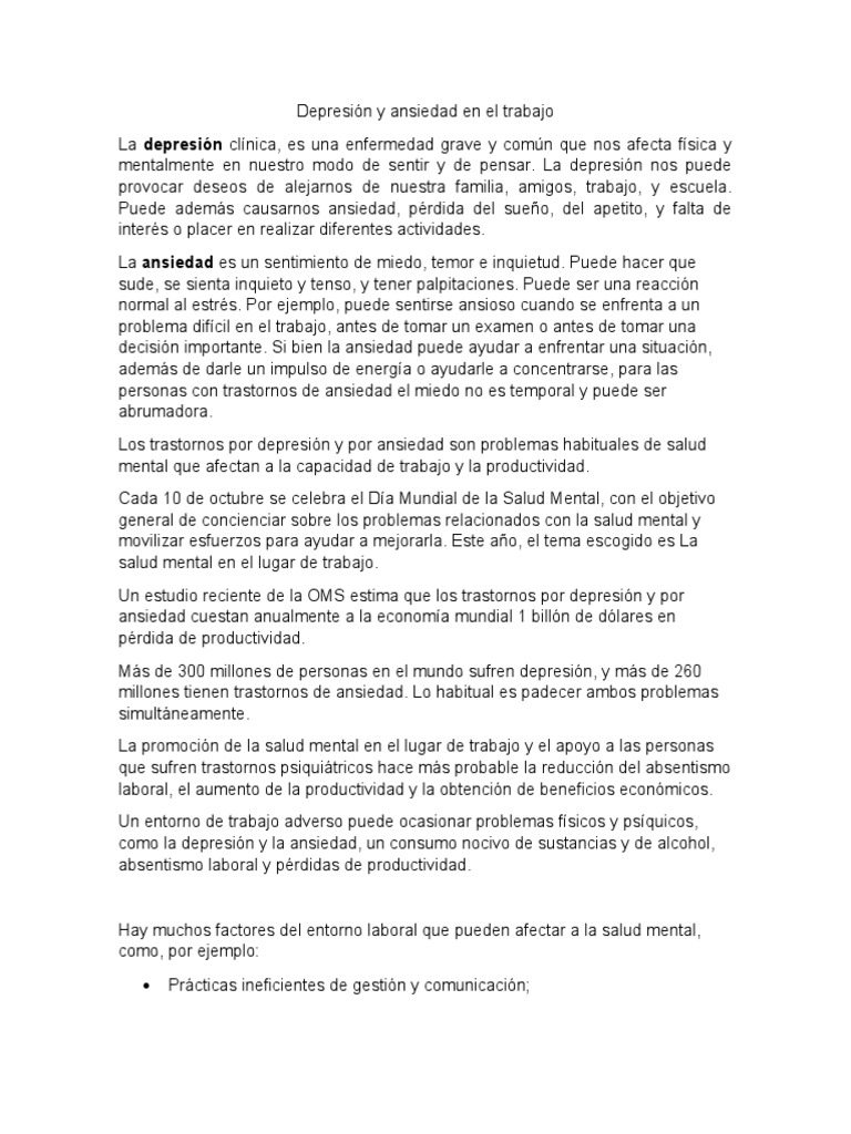 Salud mental: depresión y ansiedad laboral | PDF | Ansiedad | Trastorno ...
