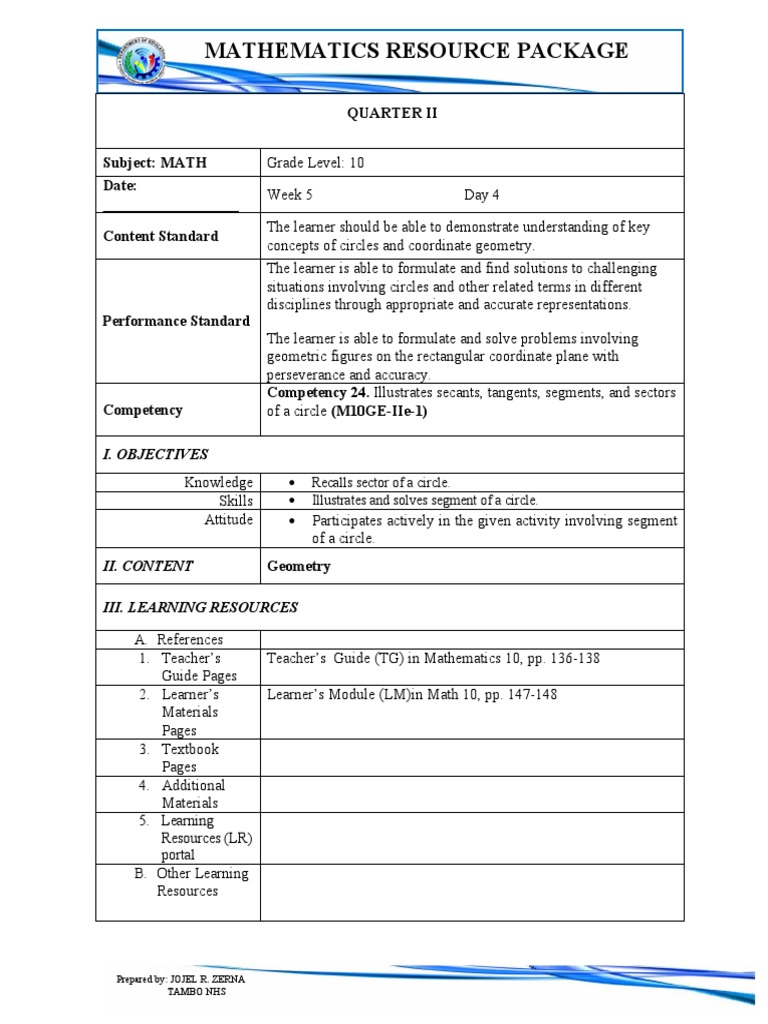 G10 DLP Q2 Week 5 Day 4 | PDF | Area | Circle
