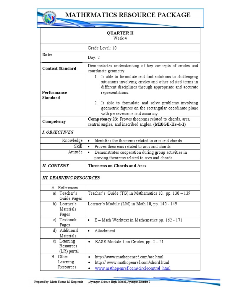 G10 DLP Q2 Week 4 Day 2 | PDF | Perpendicular | Circle