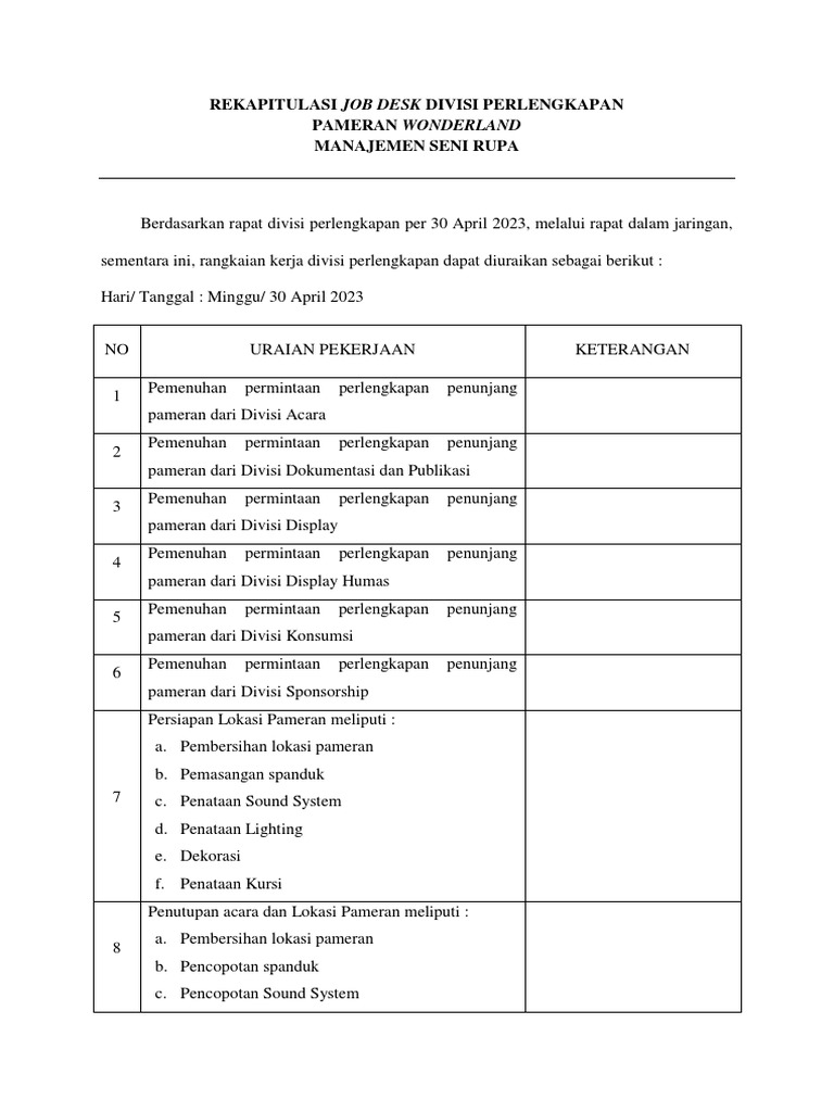 Rekapitulasi Job Desk Divisi Perlengkapan | PDF