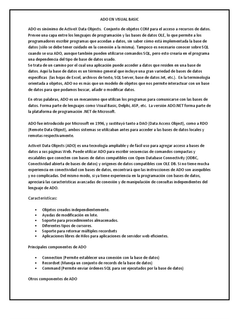 Ado en Visual Basic | PDF | Active X Data Objects | Software de Microsoft