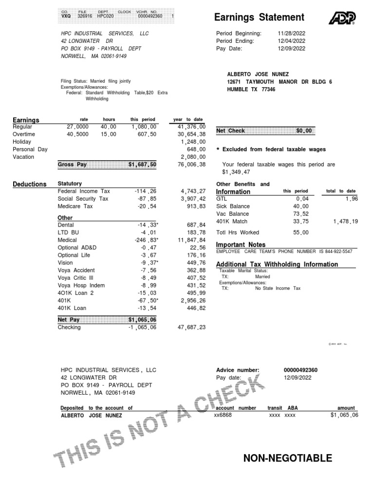 Earnings Statement: Non-Negotiable | PDF | Payroll Tax | 401(K)