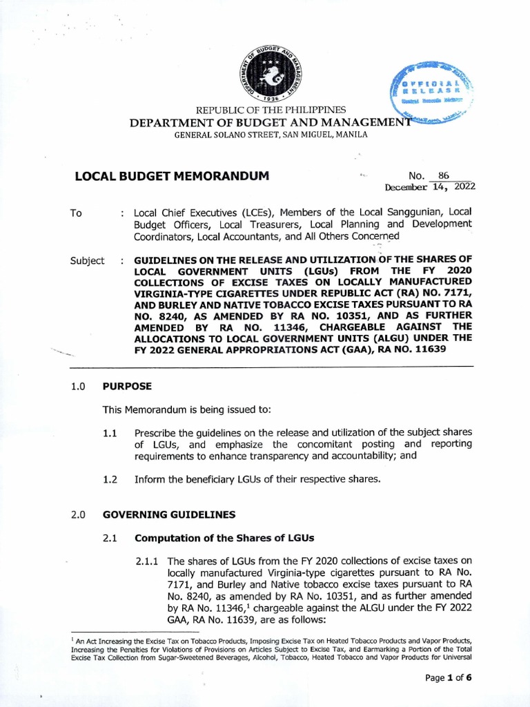 Local Budget Memorandum No 86 Dated December 14 2022 | PDF | Economies