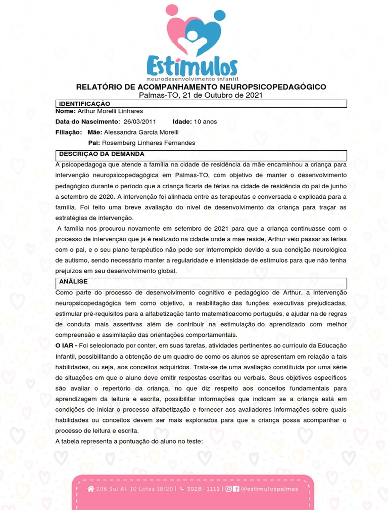Relatório Neuropsicopedagogico Arthur Morelli Outubro 2021 | PDF ...