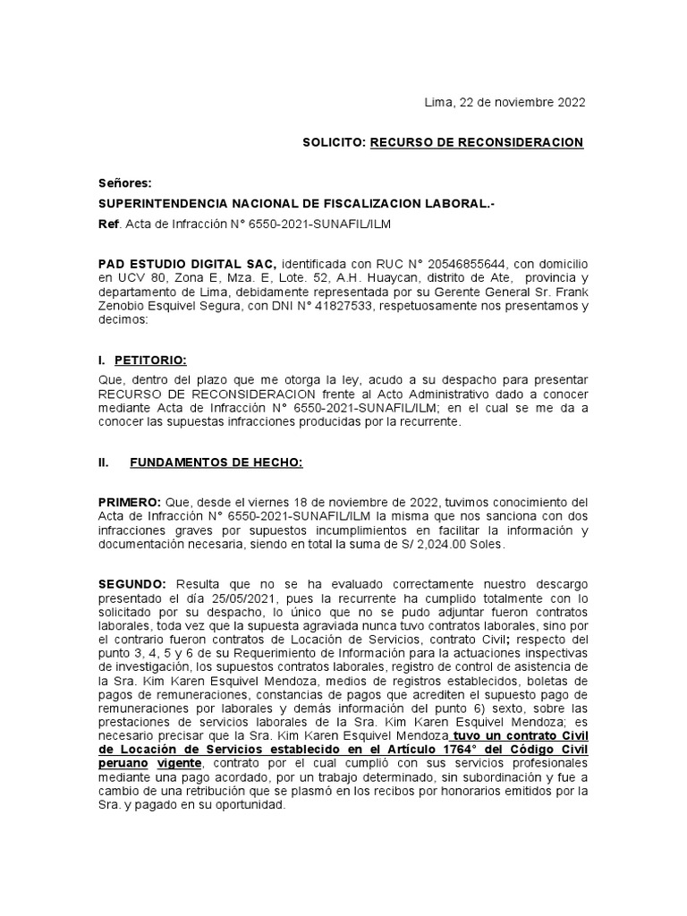 Recurso de Reconsideracion | PDF | Derecho laboral