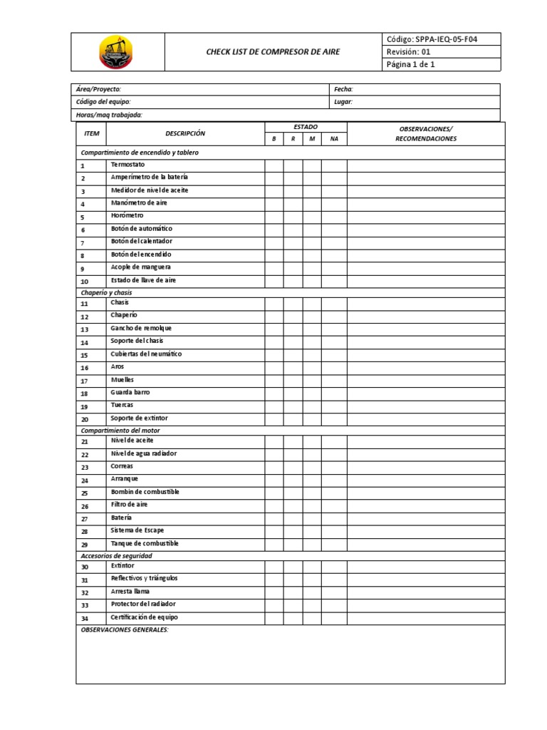 3.16.3. SPPA-IEQ-05-F04 Check List de Compresor de Aire | PDF