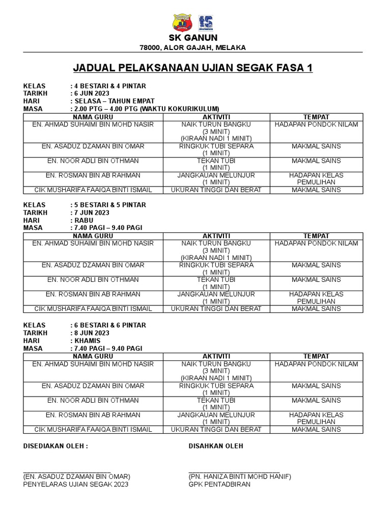 Jadual Segak SKG 2023 | PDF