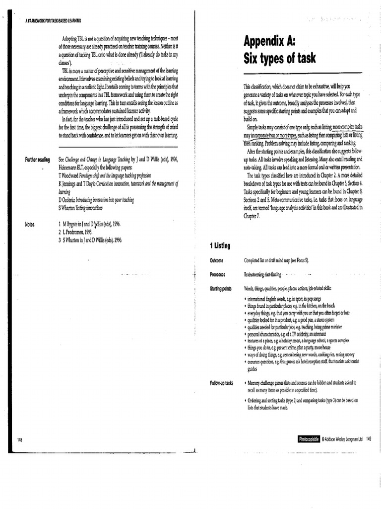 Appendix Types of Tasks A Framework For Task-Based Learning | PDF