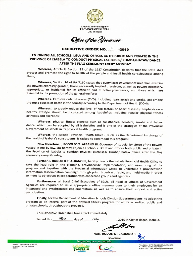 Executive Order No. 11 - Enjoining All Schools LGUs and Offices To ...