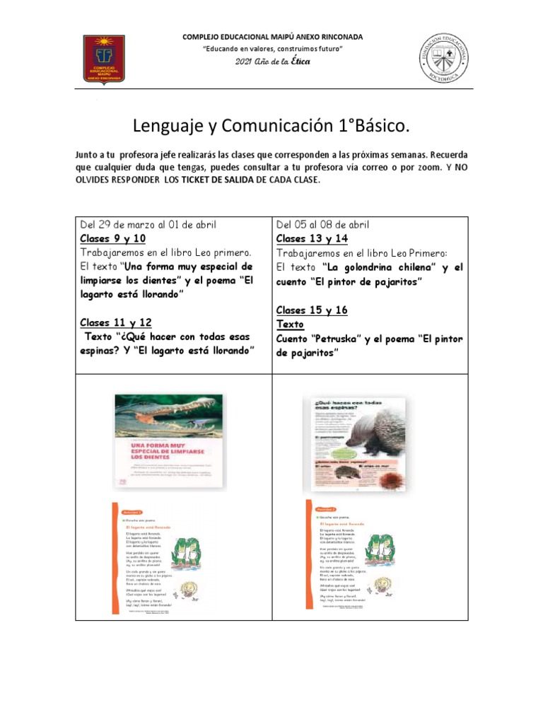 Guia II 1basico Lenguaje Clases 9 A 16 | PDF