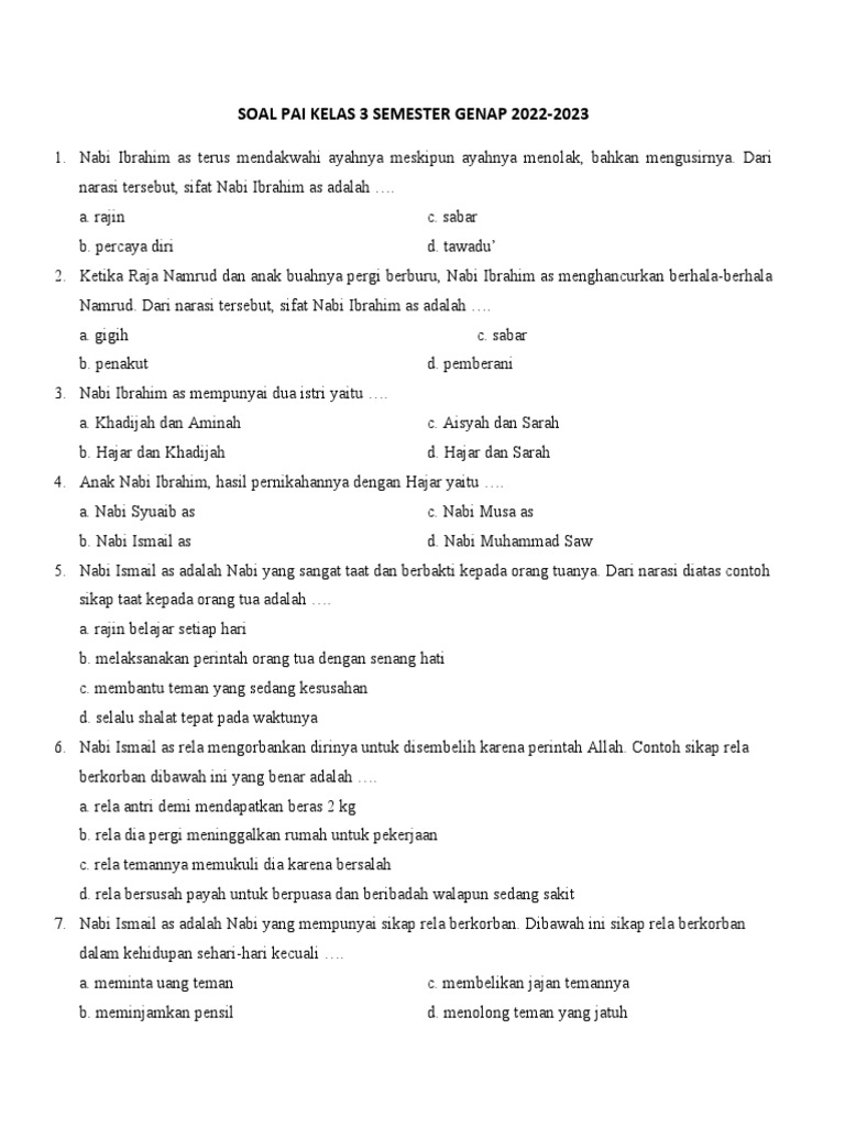 Soal Pai Kelas 3 SD Semester Genap 2022-2023 | PDF