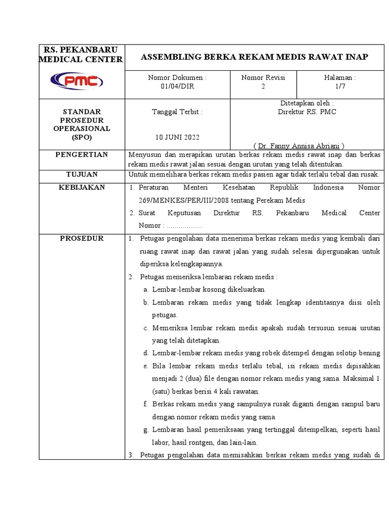 Sop Assembling Berkas Rekam Medis Ranap | PDF