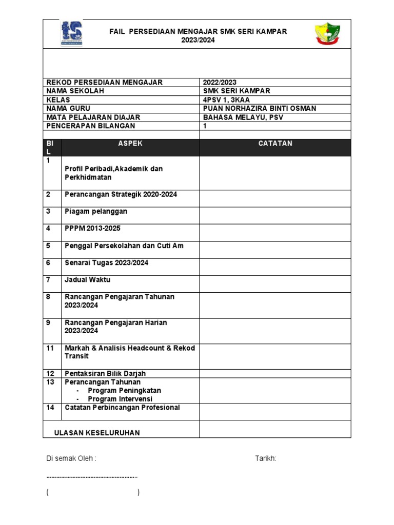 Senarai Semak Fail Rekod Mengajar 2022 | PDF